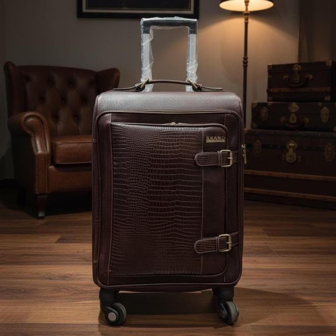 Full Grain Leather Trolley Bag Cabin Luggage, Crocodile Embossed Front ...