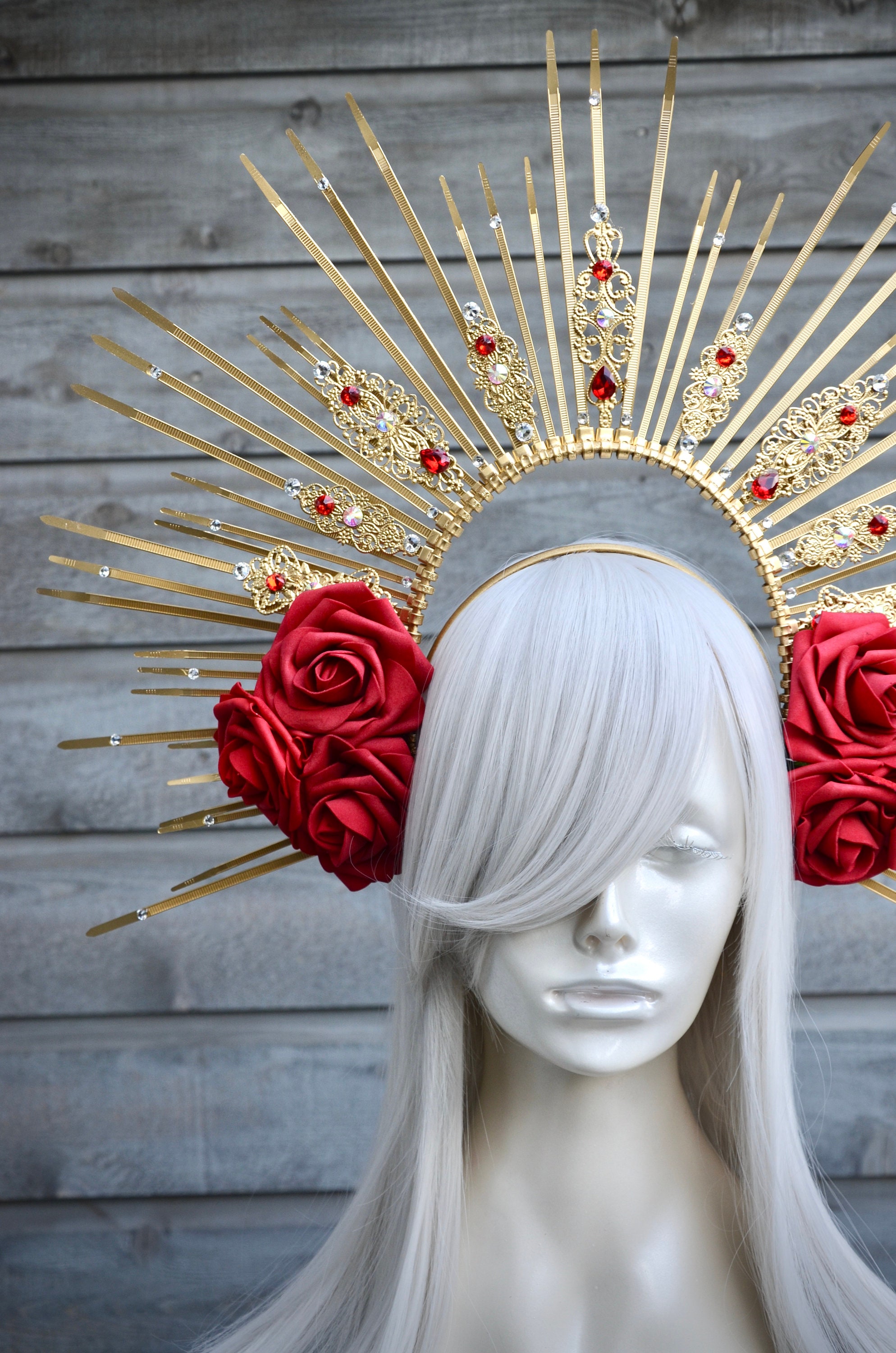 Gold Sunburst Red Rose Halo Crown Spike Headpiece Gothic | Etsy