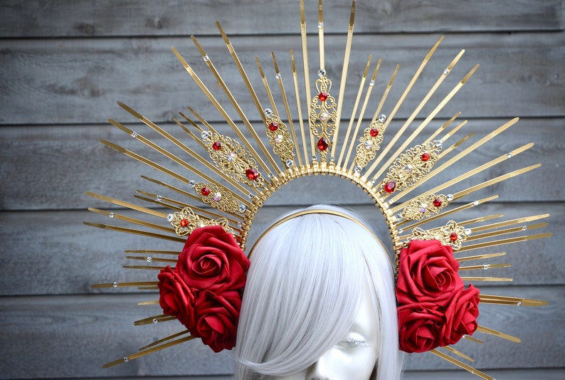 Gold Sunburst Red Rose Halo Crown Spike Headpiece Gothic | Etsy
