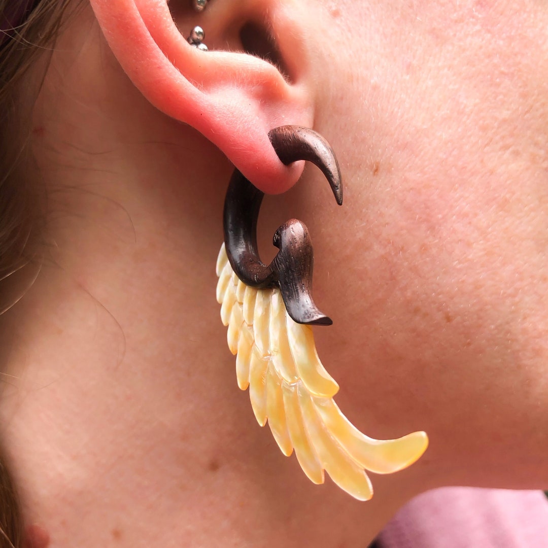 Winged Mother of Pearl & Wood Faux Gauges ~ Fake Gauged Boho Earrings ...