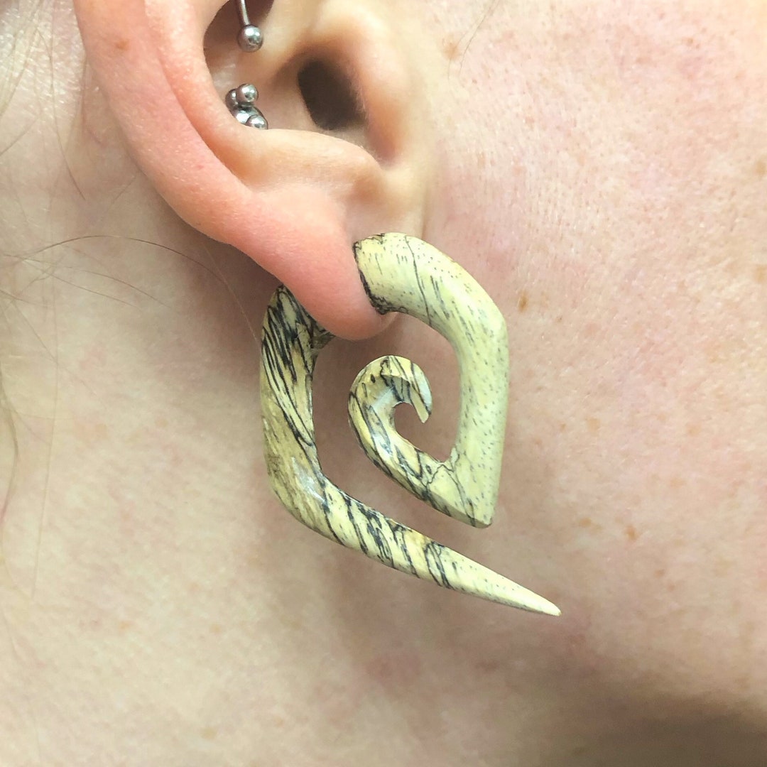 Geometric Swirl Faux Gauges ~ Hand Carved Wood Fake Gauged Earrings ...