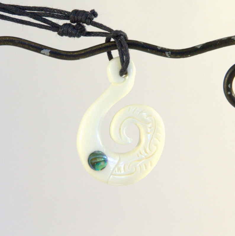 Adjustable Bone Hei Matau Koru Necklace With Inlaid Paua | Etsy