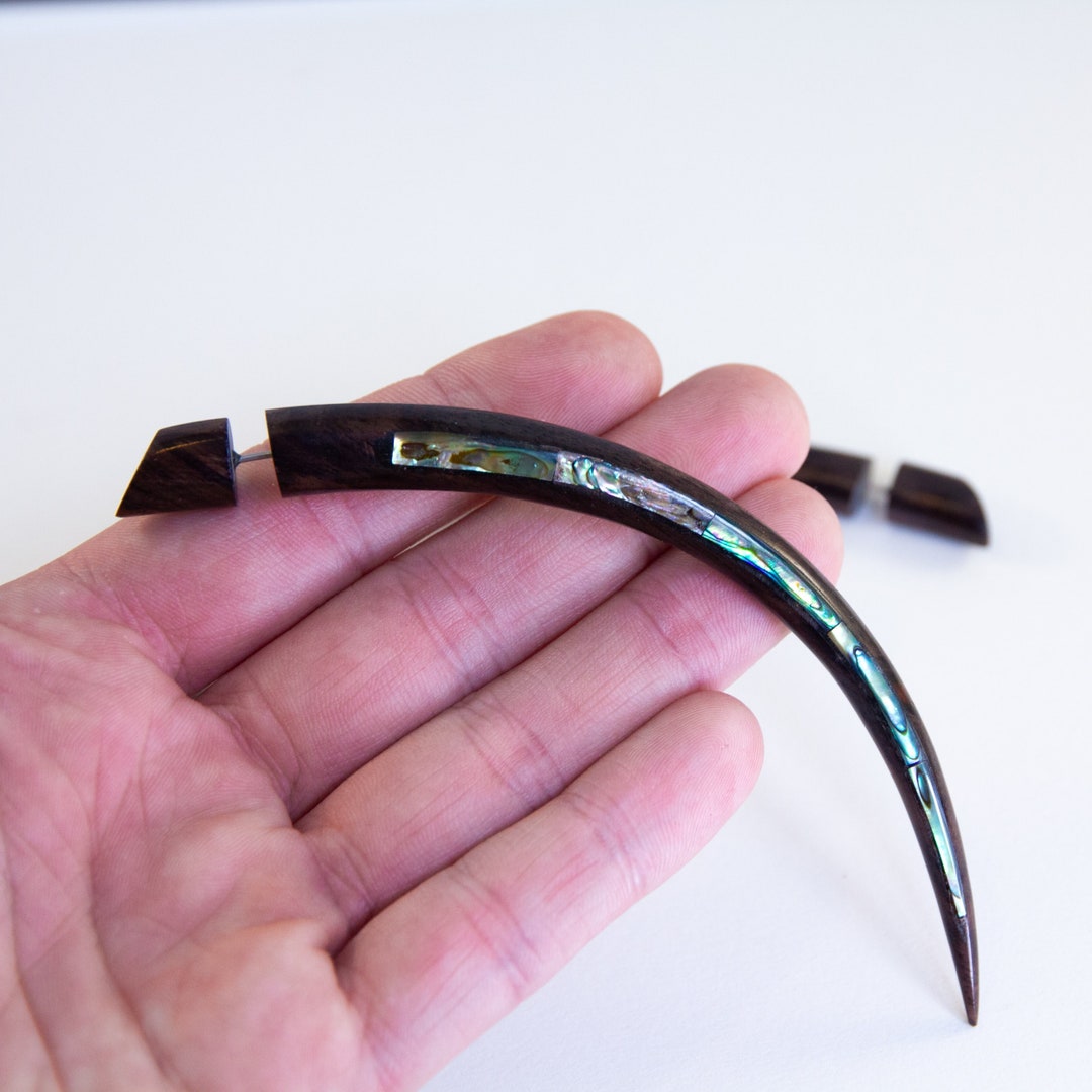 Abalone & Wood Spike Faux Gauges ~ Fake Gauged Earrings, Hand Carved ...