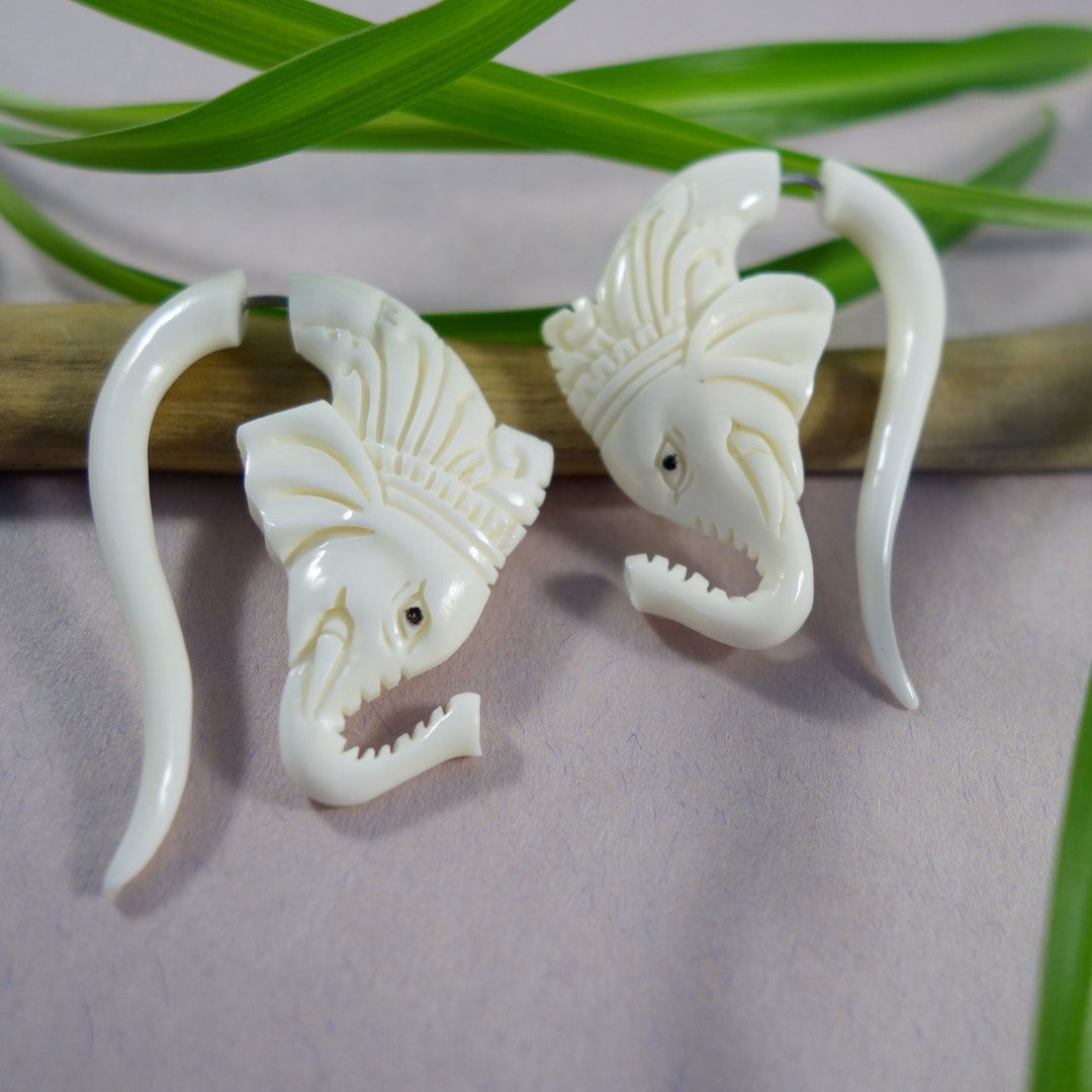 Elegant Elephant Faux Gauges~ Hand Carved Cow Bone, Fake Gauged ...