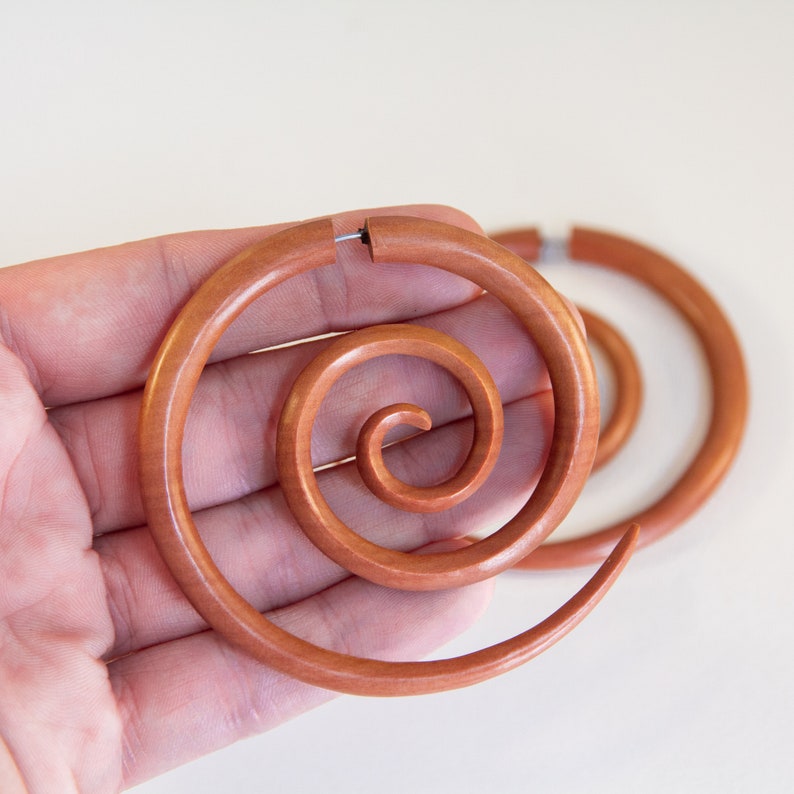 Large Spiral Light Wood Faux Gauges ~ Fake Gauged Hoop Earrings, Hand ...
