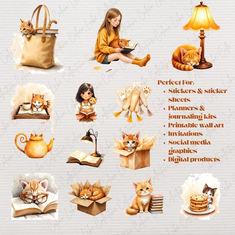 Cozy Cat Bookstore Clipart Bundle, 50 Watercolor Cats & Books PNG, Book ...