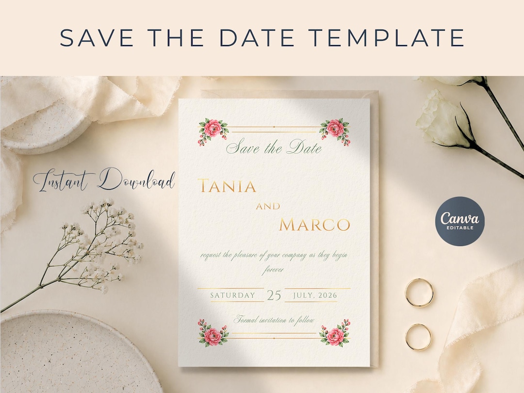 Save the Date Template, Canva Editable Design, Floral Wedding ...