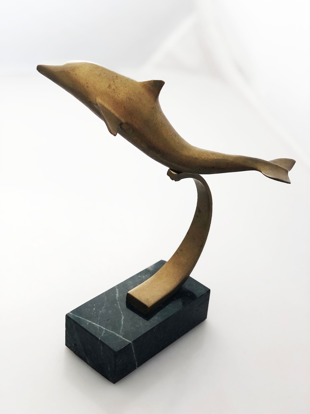 Brass Dolphin - Tabletop Green Marble Base Floating Mid Jump Dolphin ...