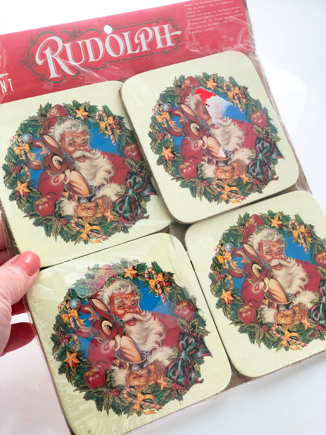 Rudolph the Reindeer Cork Drink Coasters - Deadstock 1993 by Accent New ...