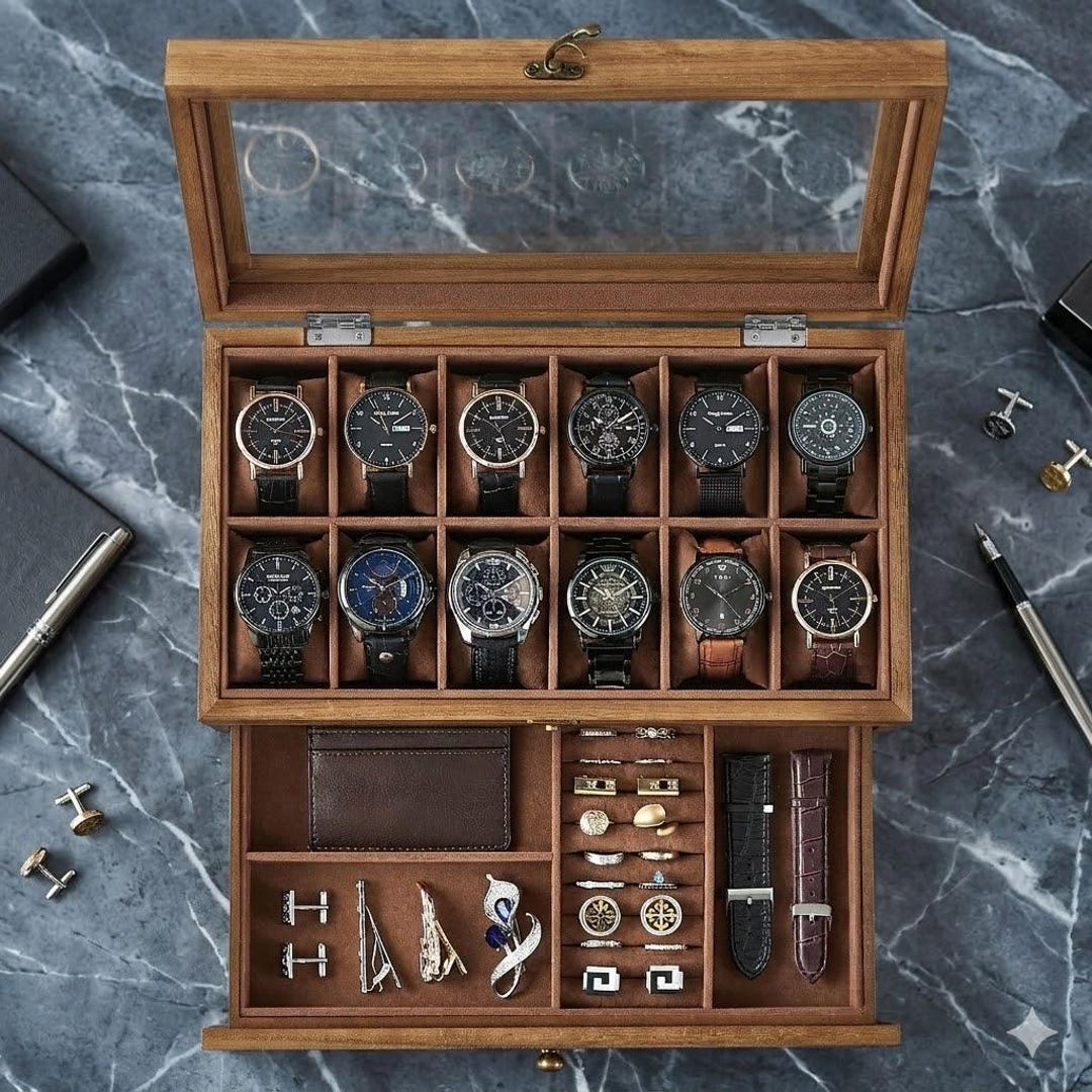 Luxury Wooden Watch Organizer, 12 Slot Display Case With Glass Lid ...