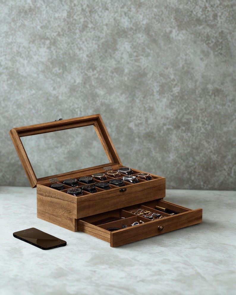 Luxury Wooden Watch Organizer, 12 Slot Display Case With Glass Lid ...