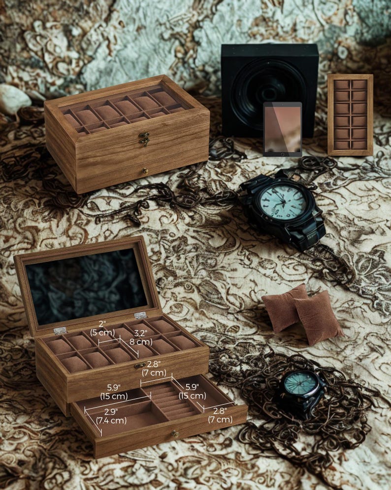 Luxury Wooden Watch Organizer, 12 Slot Display Case With Glass Lid ...