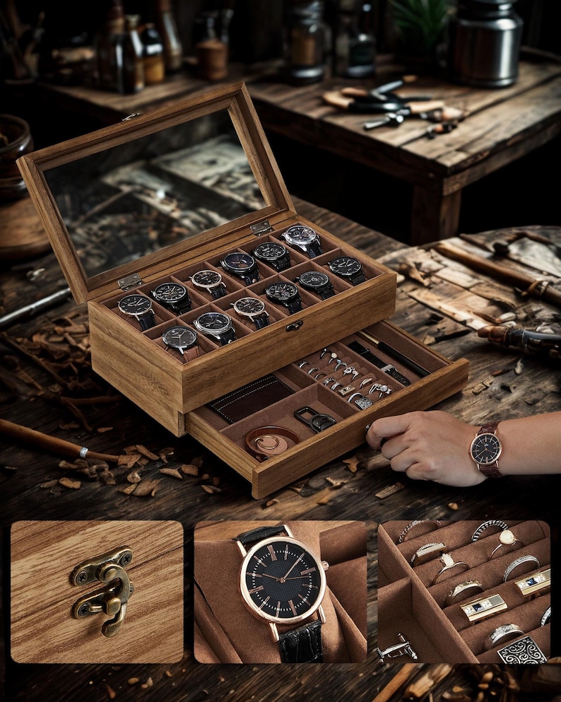 Luxury Wooden Watch Organizer, 12 Slot Display Case With Glass Lid ...
