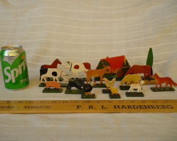 Pre-1940's,15 Piece,putz,farm Animals,figures & Building,flat,carved ...