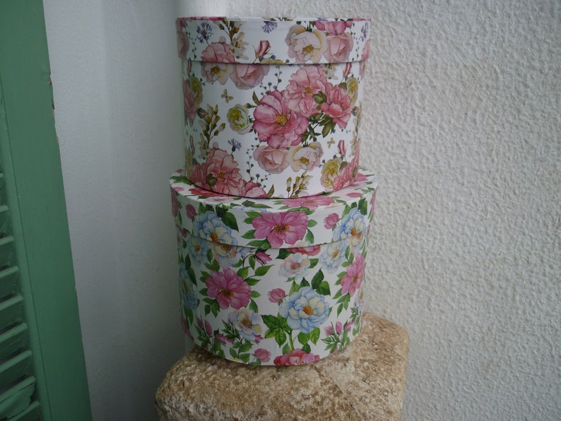 Pair,shabby Chic,small,round Boxes,floral,paper-covered Card,storage or ...