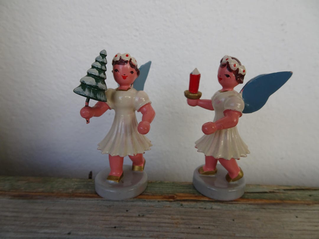 Vintage,pair German,painted Christmas Angel Decorations With Tree ...