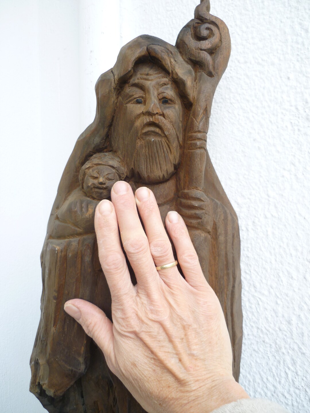 Vintage,asian,oriental,carved Log,standing Monk & Child Statue,old ...