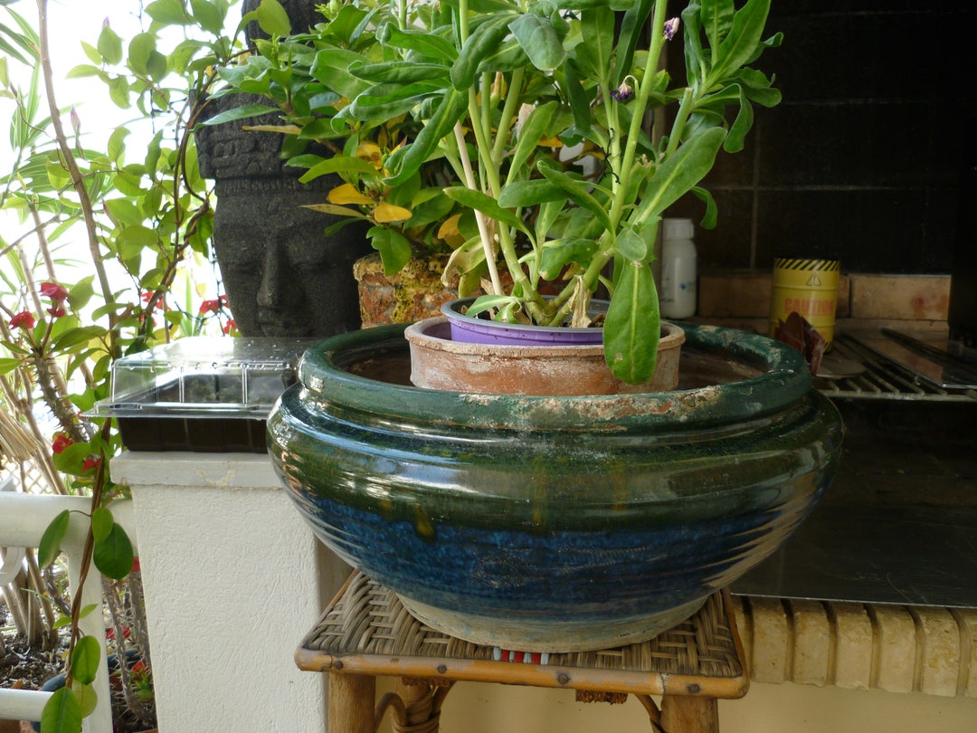 Vintage,blue & Green Glazed,greek Terracotta Planter Pot,round,shallow ...
