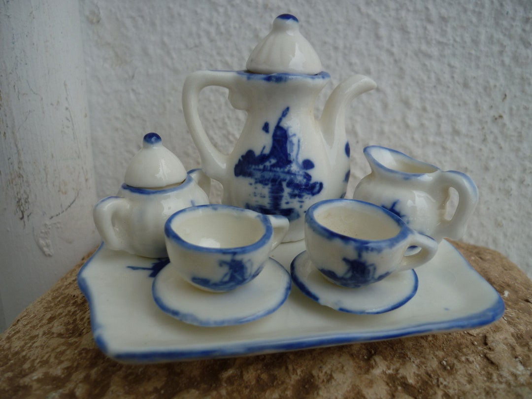 Small Ceramic Tea Set,delft Blue Windmill Design,miniature Tea Service ...
