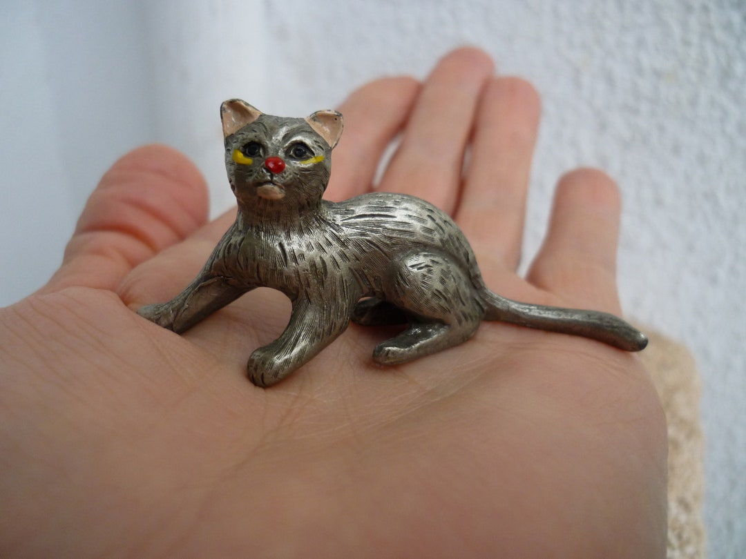 Vintage,miniature,pewter ?,cat Figurine,painted Features,funny,little ...