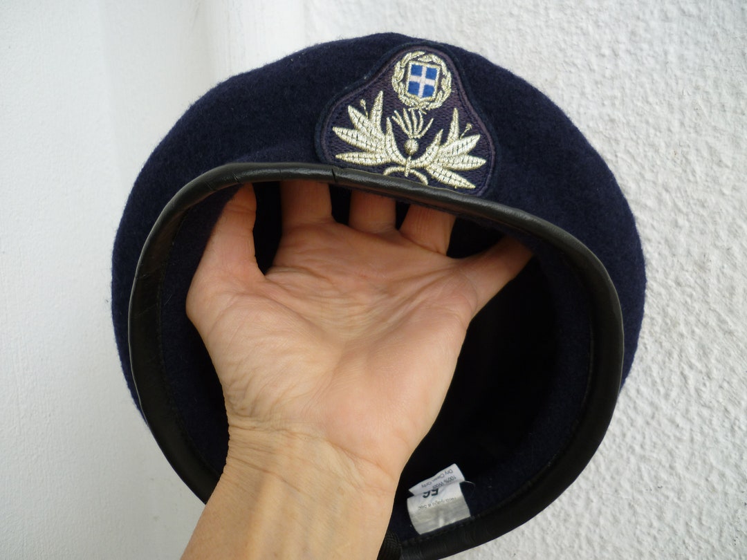 Vintage,navy Blue,100% Wool,military Beret,size 56 With Greek Police ...