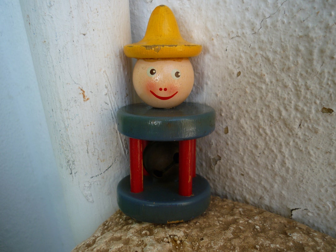 Vintage,small Wooden,german Baby Rattle,painted Wood Teething Rattle ...