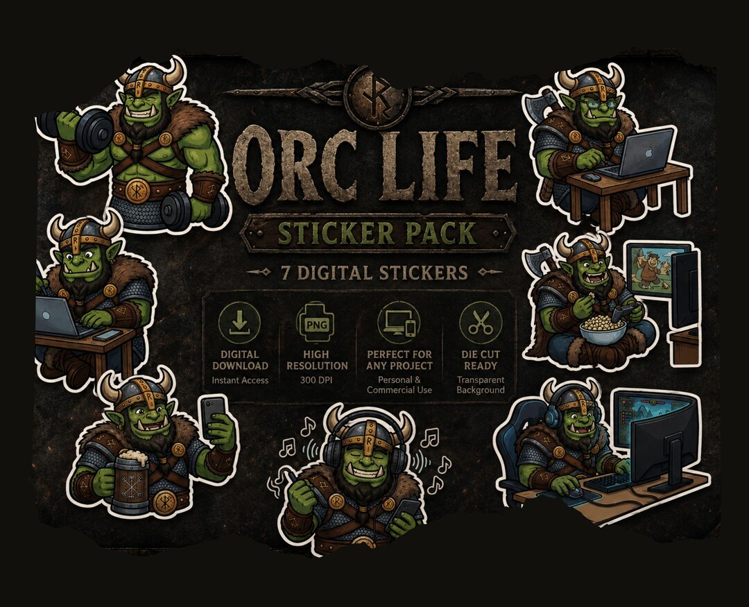 Funny Orc Sticker Pack, Viking Gamer Decals, Fantasy Planner Stickers ...