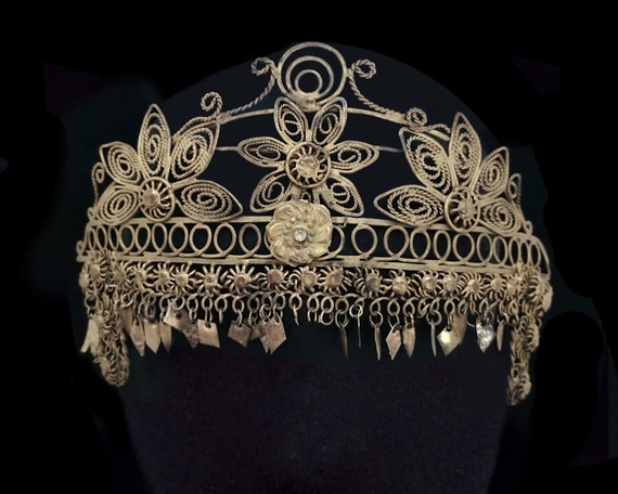 Vintage FILIGREE FLOWERS DIADEM, Ceremonial Bronze Fr… - Gem