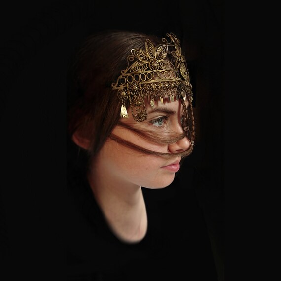 Vintage FILIGREE FLOWERS DIADEM, Ceremonial Bronze Fr… - Gem