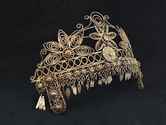 Vintage FILIGREE FLOWERS DIADEM, Ceremonial Bronze Fr… - Gem