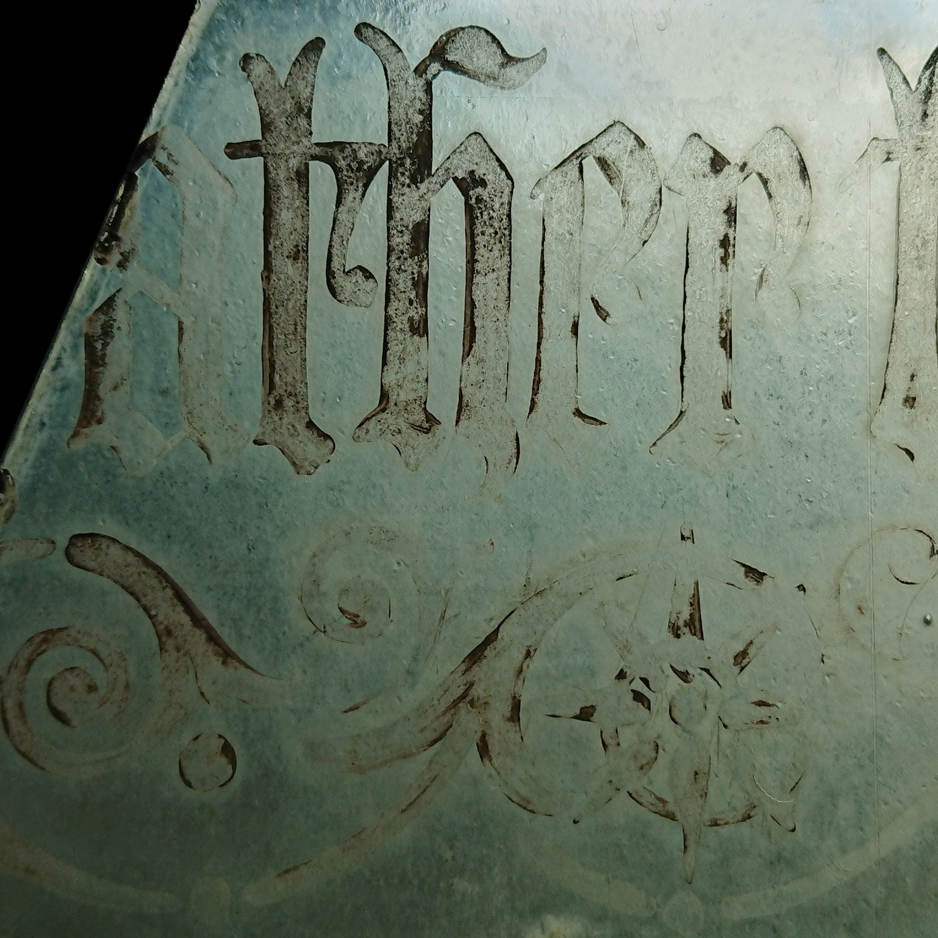 Antique Stained Glass, Gothic 'ghost' Inscription, Timeworn Beauty ...