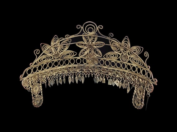 Vintage Bronze Diadem, Filigree Flowers & Tassels Bra… - Gem