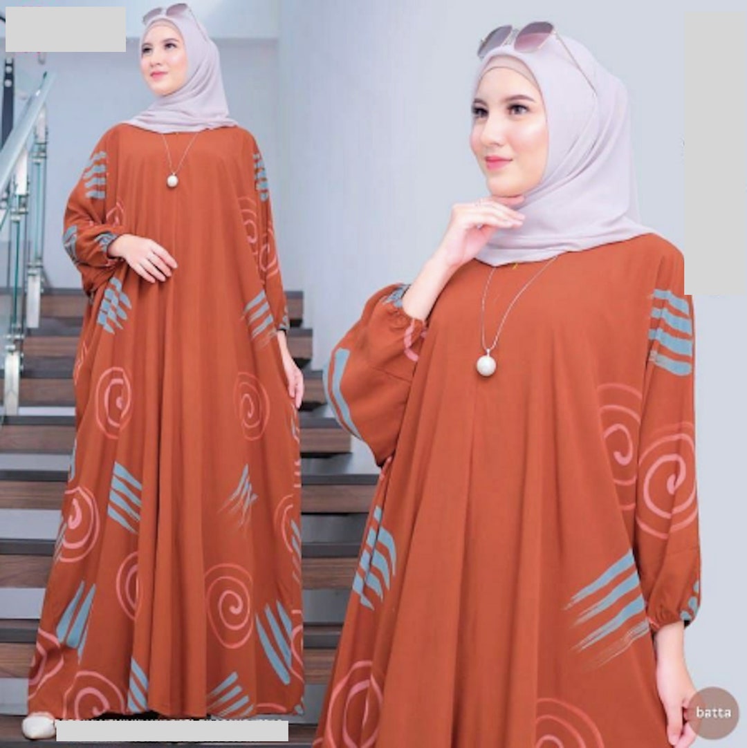 Print Rayon Maxi Dress | Long Tunic | Batik Kaftan Gamis | Crew Neck ...