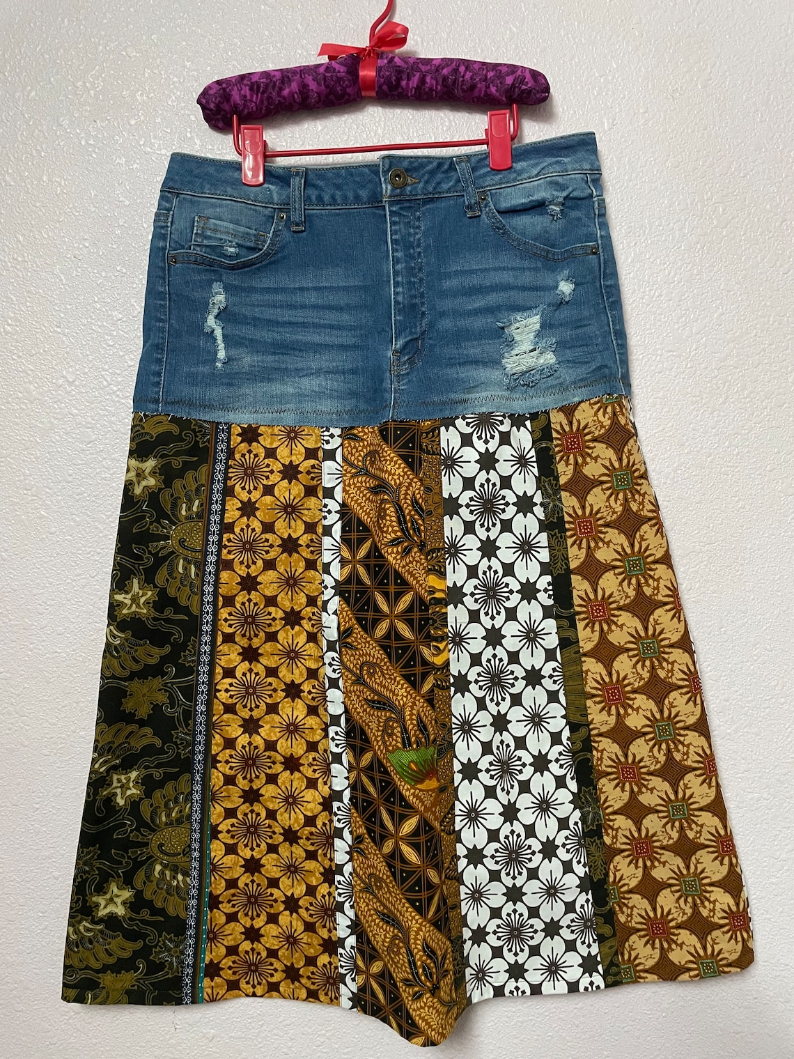 Handmade Denim Batik Indonesia Patchwork A Line Maxi Long Skirt Fully ...