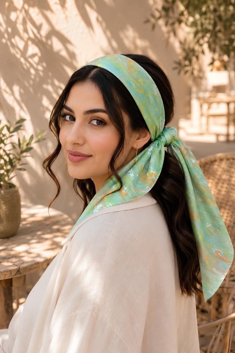 Marbled Scarf, Boho Hair Wrap, Long Skinny Scarf, Wearable Art, 170x50 ...