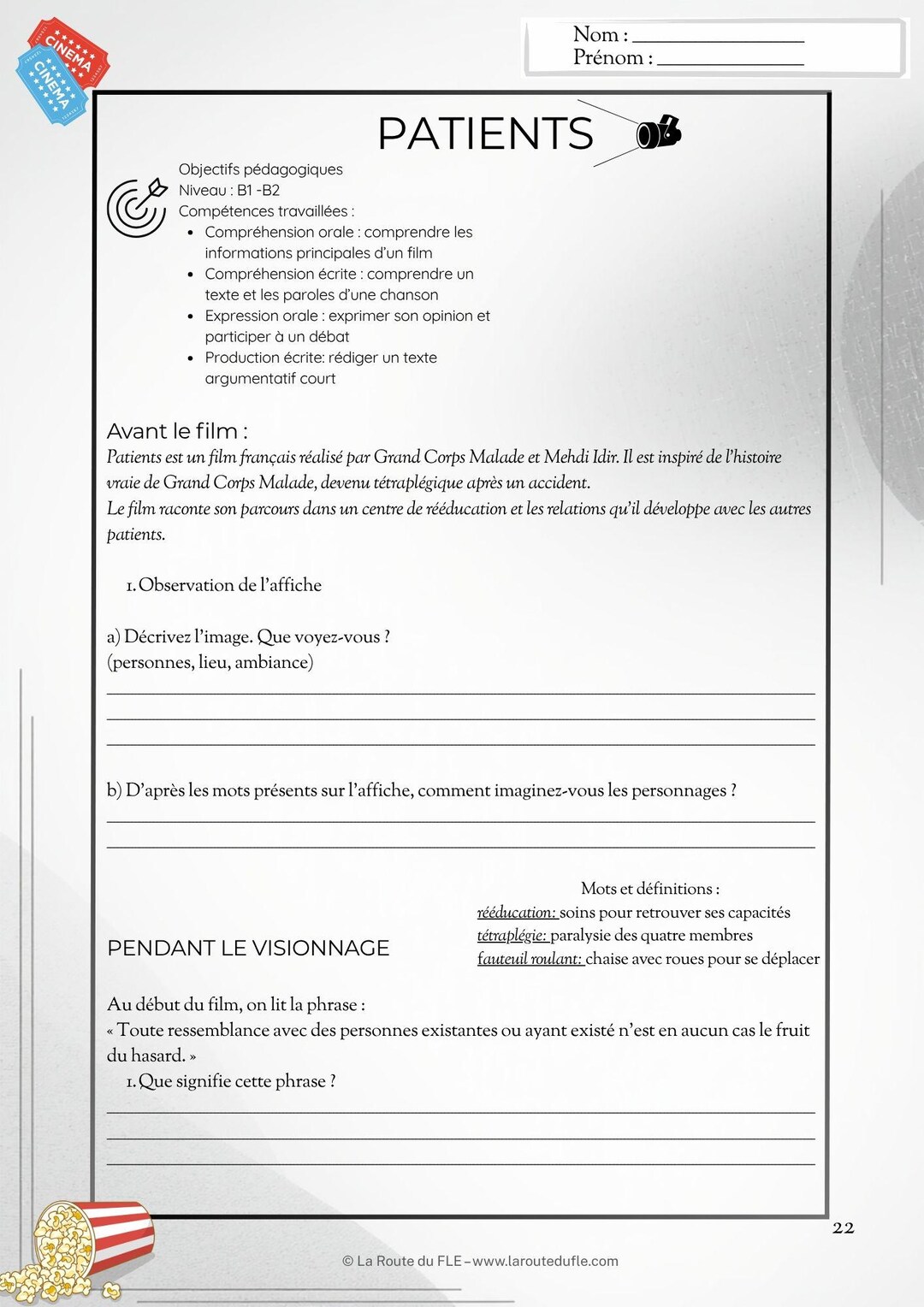 French as a Foreign Language Activity: Film “patients” | B1-B2 ...