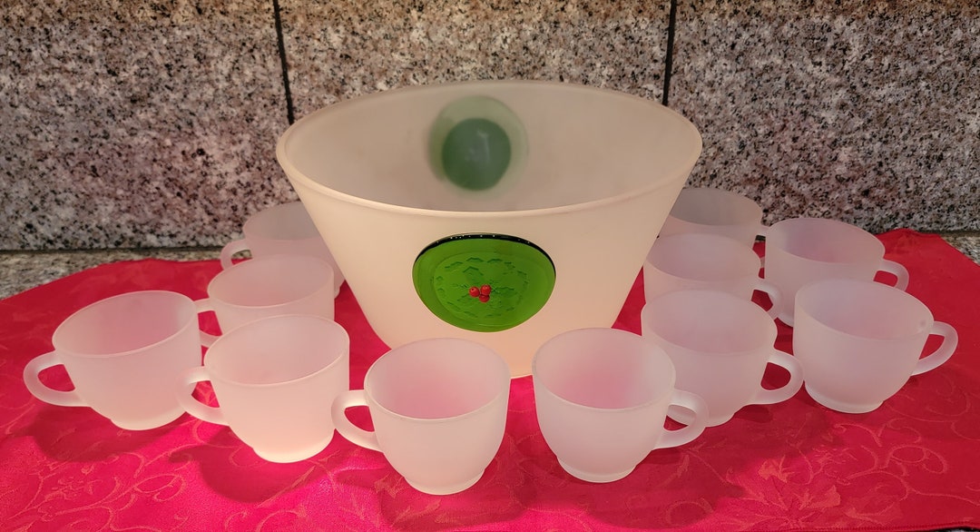 Frosted Glass Holly Berry Punch Bowl Set With 12 Cups - Etsy