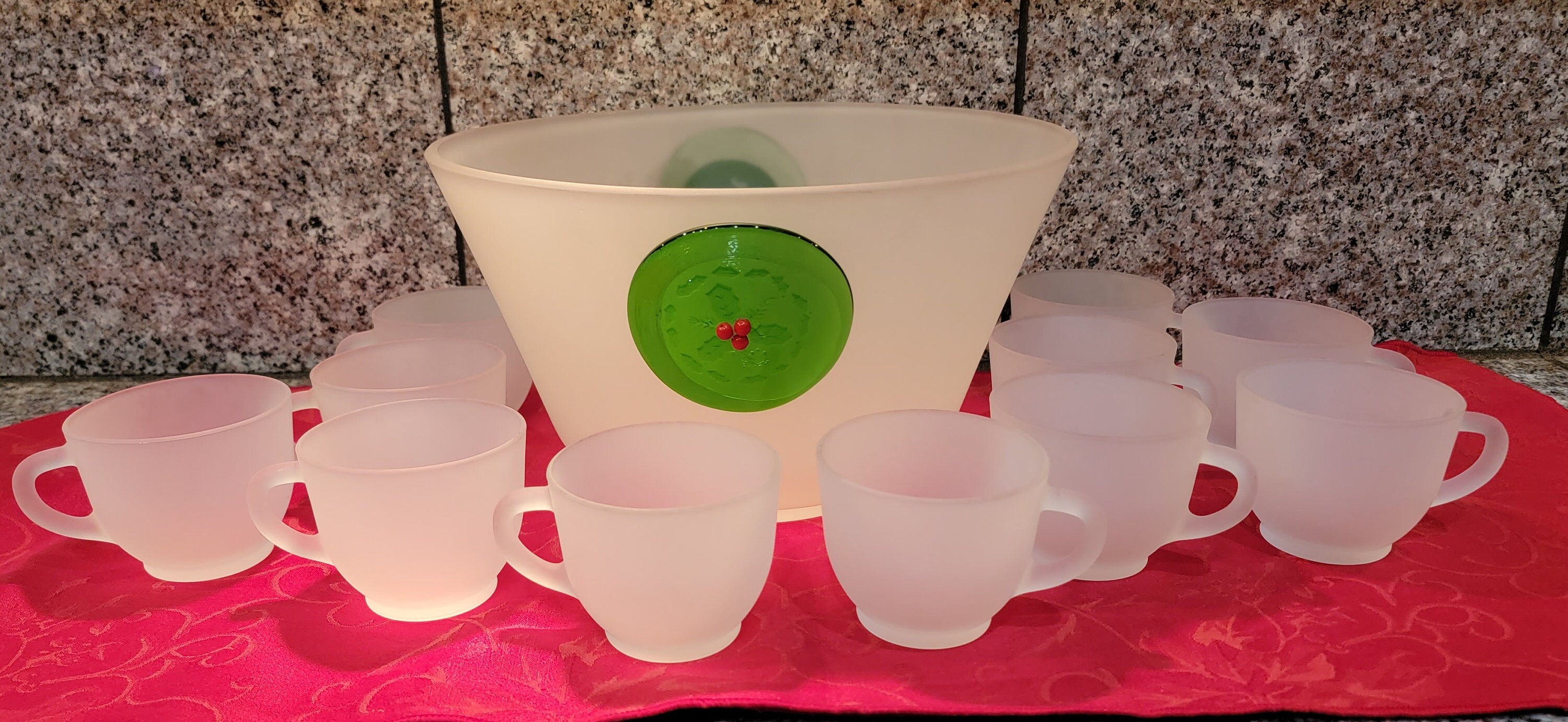 Frosted Glass Holly Berry Punch Bowl Set With 12 Cups - Etsy