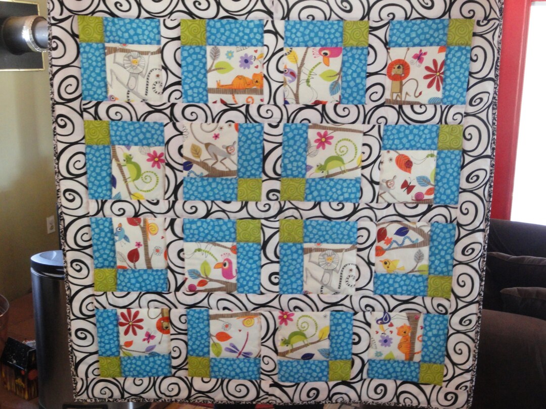 Handmade Patchwork Monkey Baby Quilt, Black and White Accents Add POW ...