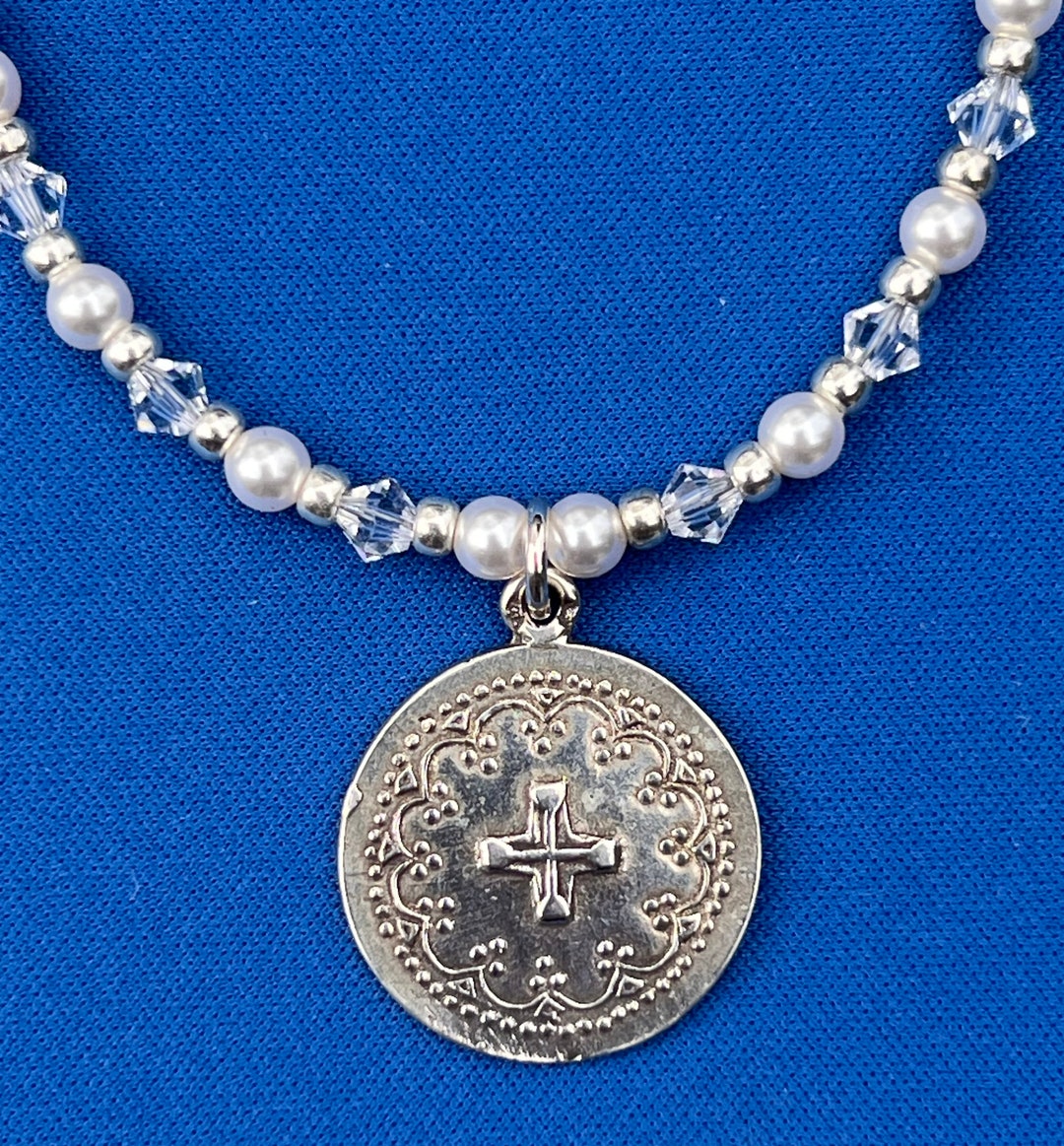 Sterling Silver Vintage Cross Medal Necklace With Swarovski Pearls and ...