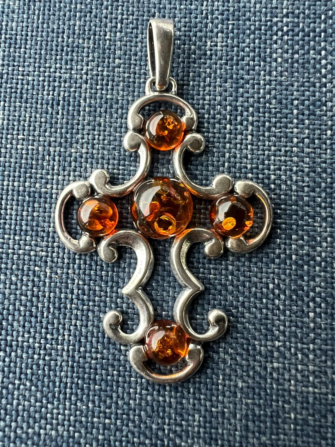 Large Sterling Silver and Amber Cross - Beautiful Open Scroll Silver ...