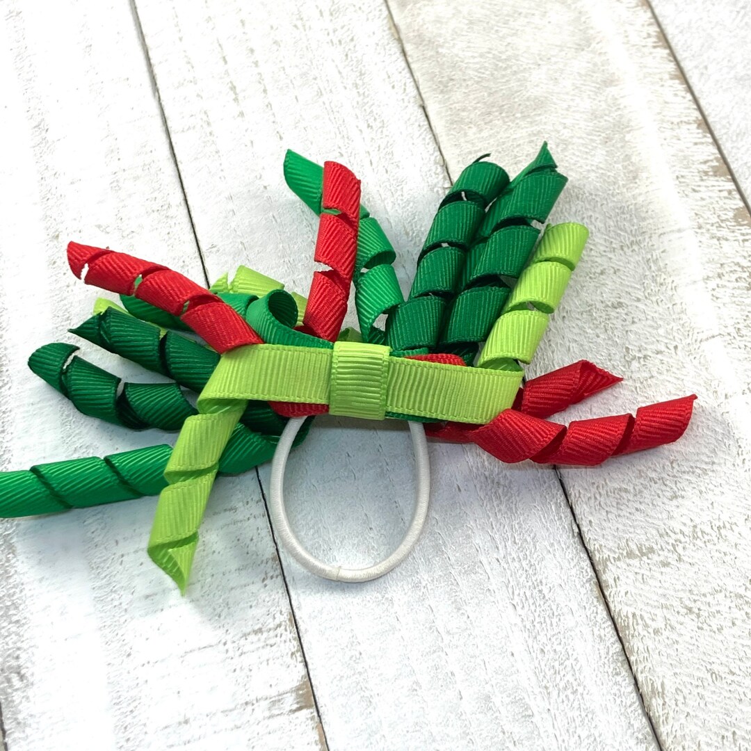 Red and Green Ponytail or Pigtail Hair Ribbons, Small Holiday Ponytail ...