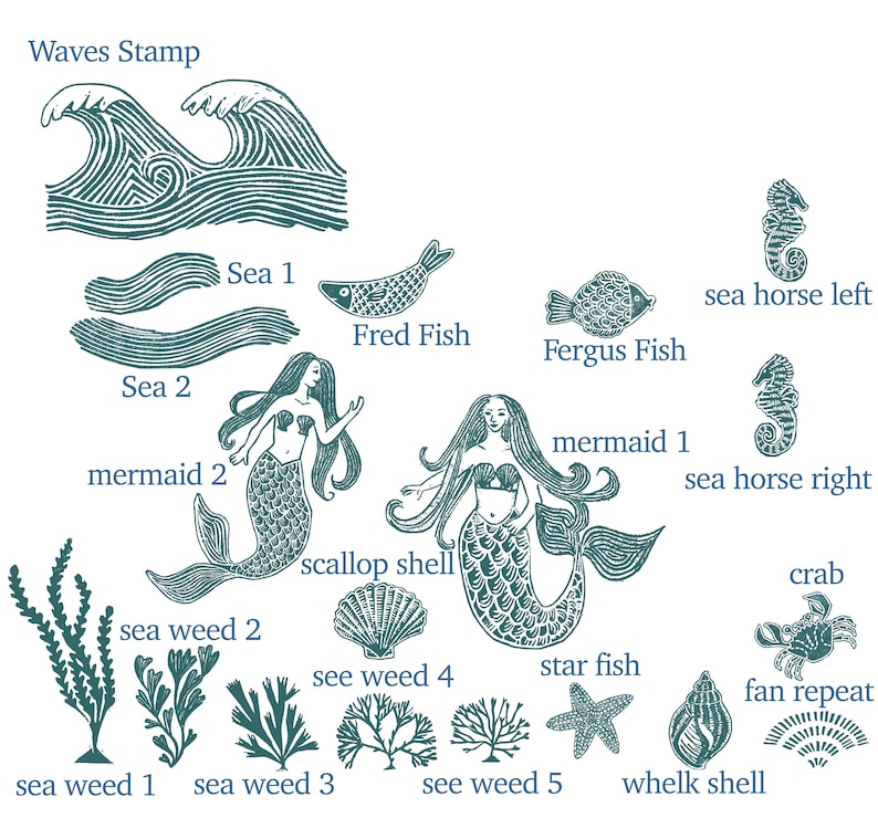 Mermaid and Sea Rubber Stamps, Mermaid Stamp, Sea Stamp, Wave Stamp ...
