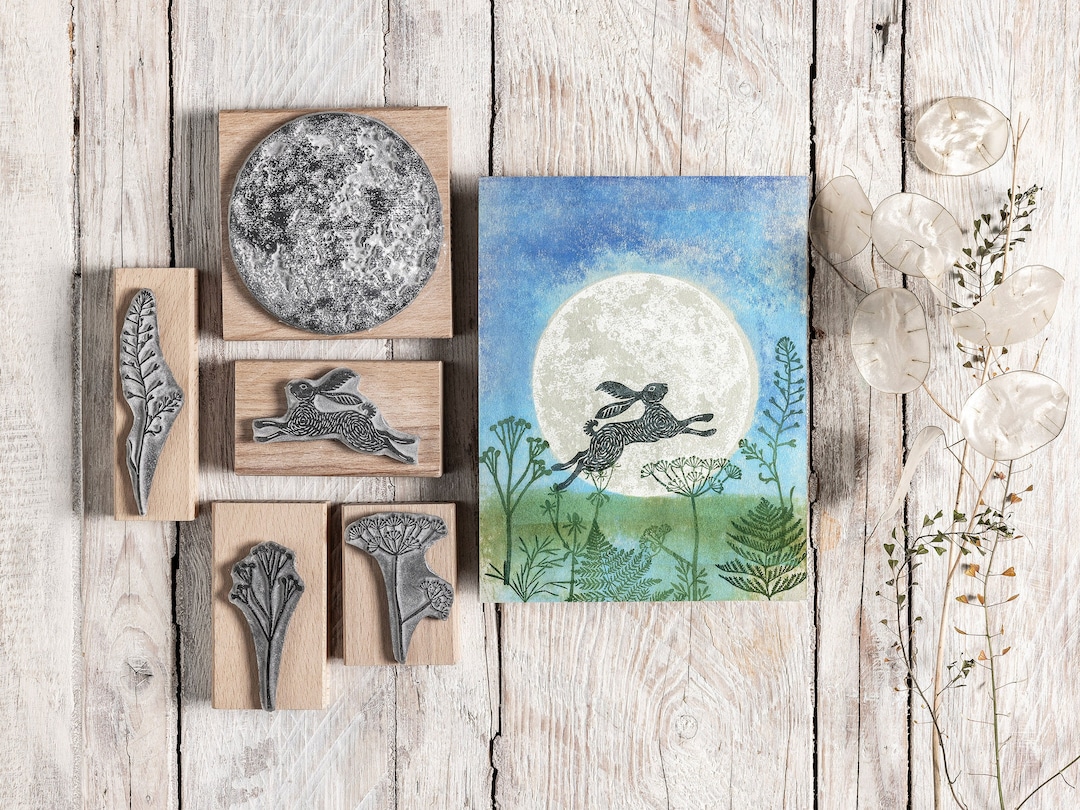 Full Moon Stamp With Leaping Hare and Meadow Flower Silhouette Stamps ...
