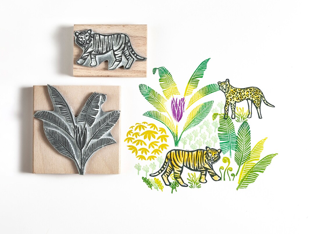 Tiger and Leopard Rubber Stamps With Jungle Leaves - Etsy UK