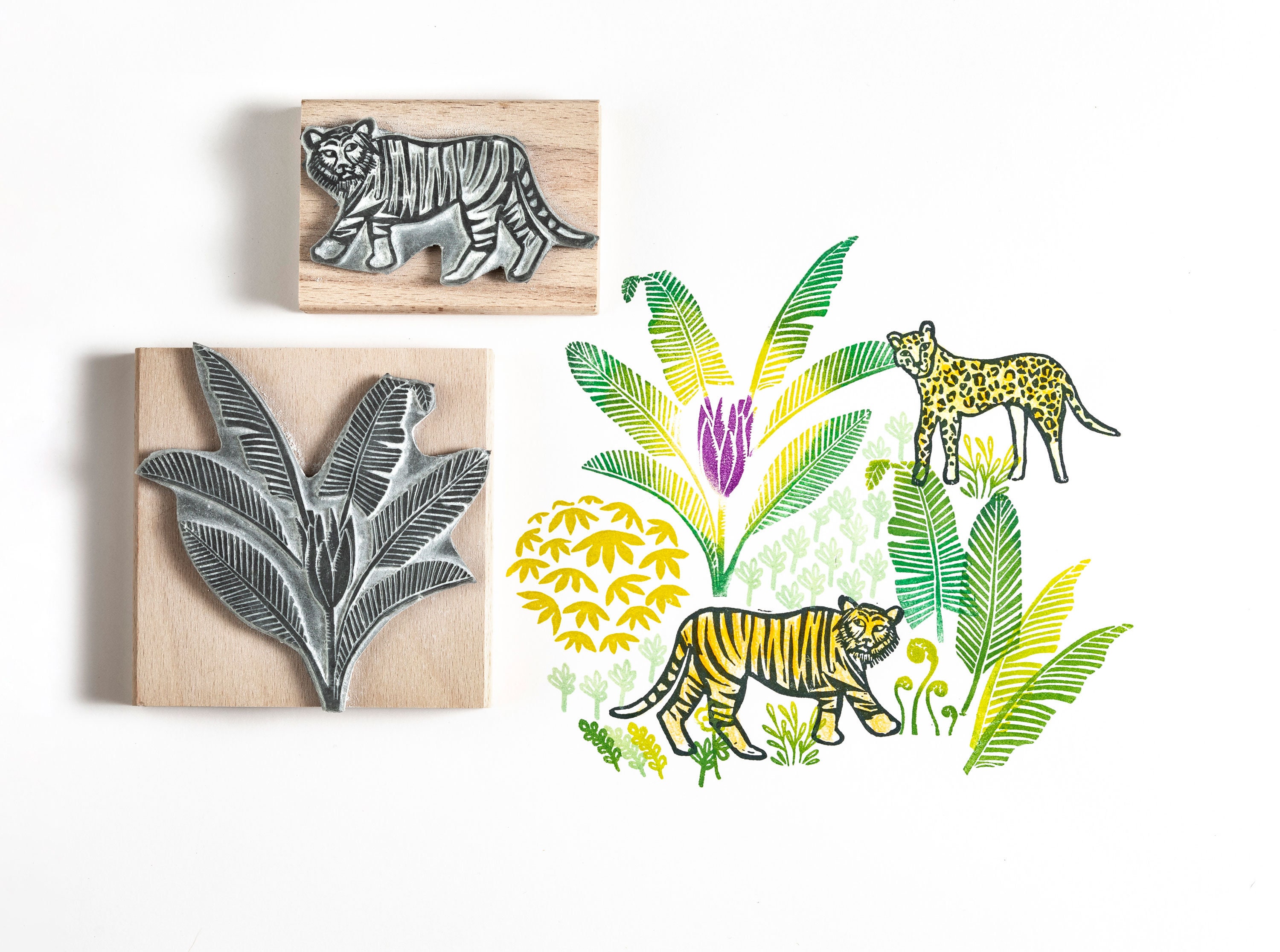 Tiger and Leopard Rubber Stamps With Jungle Leaves - Etsy UK
