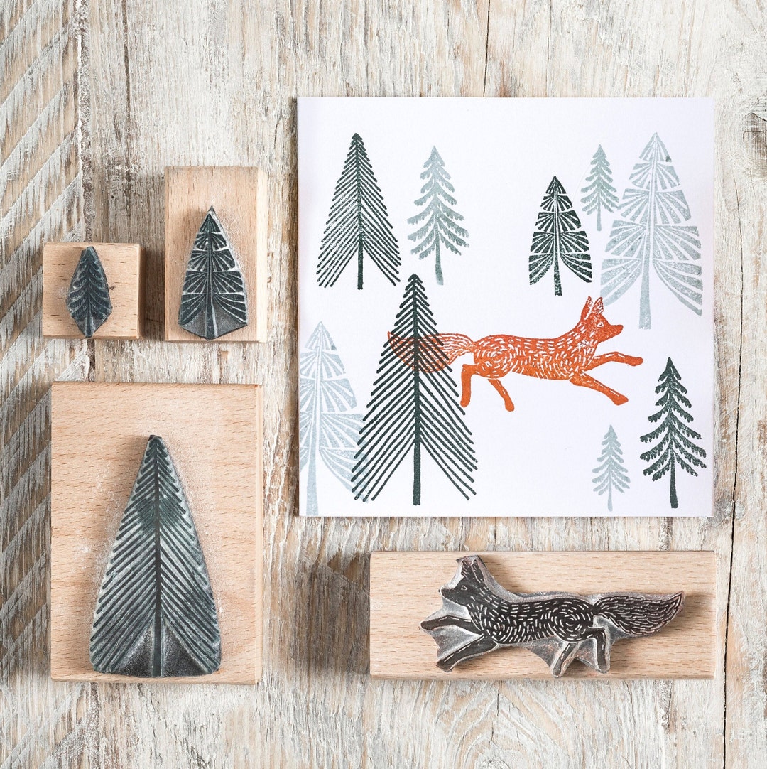 Fox and Fir Tree Rubber Stamps, Fox Stamp, Tree Stamp, Christmas Rubber ...