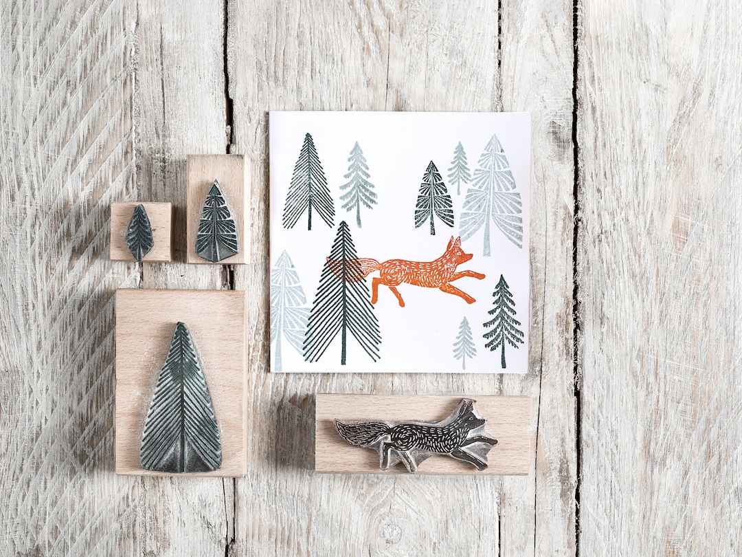 Fox and Fir Tree Rubber Stamps, Fox Stamp, Tree Stamp, Christmas Rubber ...