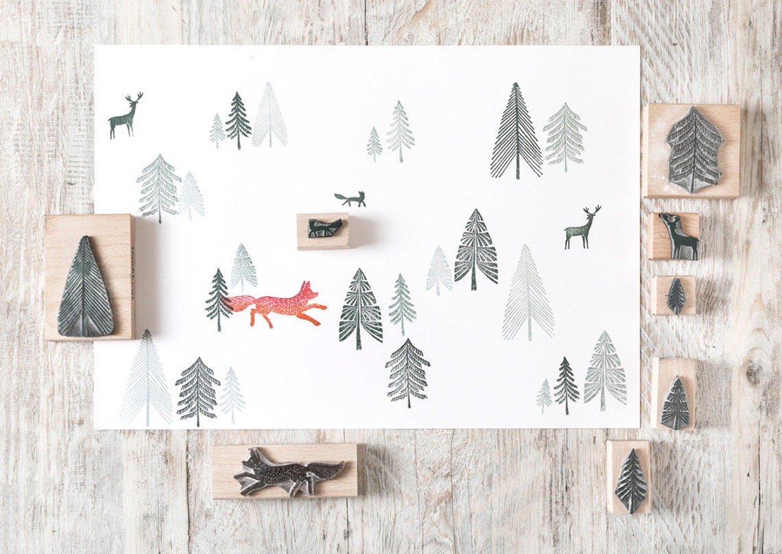 Fox and Fir Tree Rubber Stamps Fox Stamp Tree Stamp - Etsy