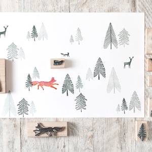 Fox and Fir Tree Rubber Stamps, Fox Stamp, Tree Stamp, Christmas Rubber ...